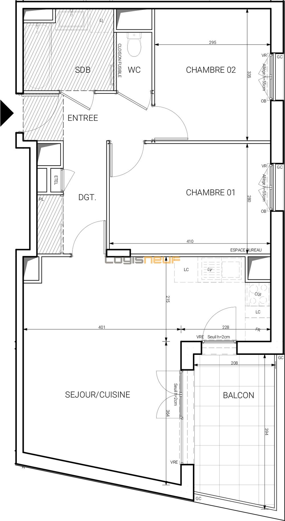 Plan appartement T3 de 60,95 m² neuf, résidence « L'Orée Bissy » à Chambéry
