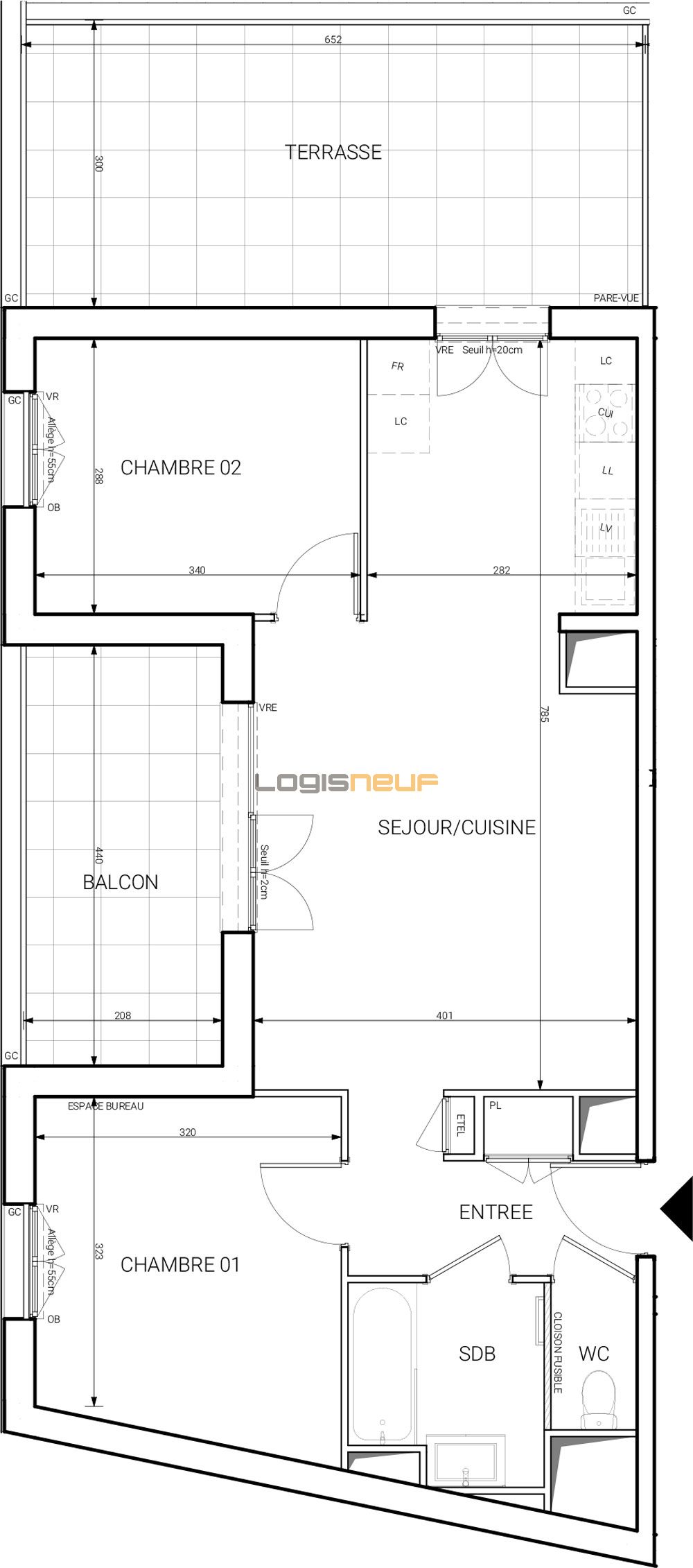 Plan appartement T3 de 59,00 m² neuf, résidence « L'Orée Bissy » à Chambéry