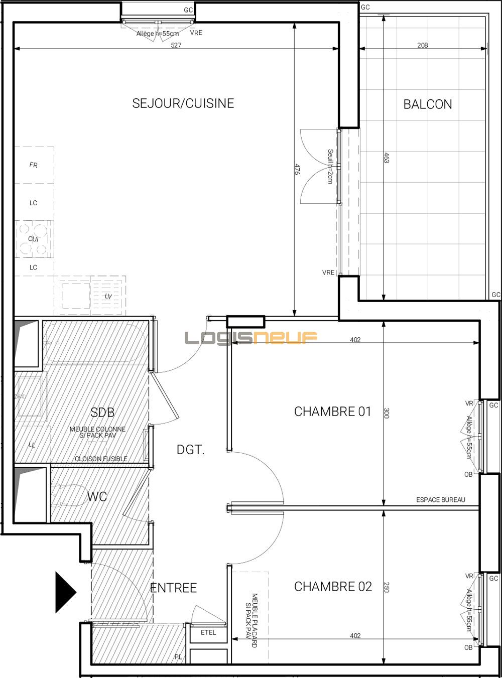 Plan appartement T3 de 61,70 m² neuf, résidence « L'Orée Bissy » à Chambéry