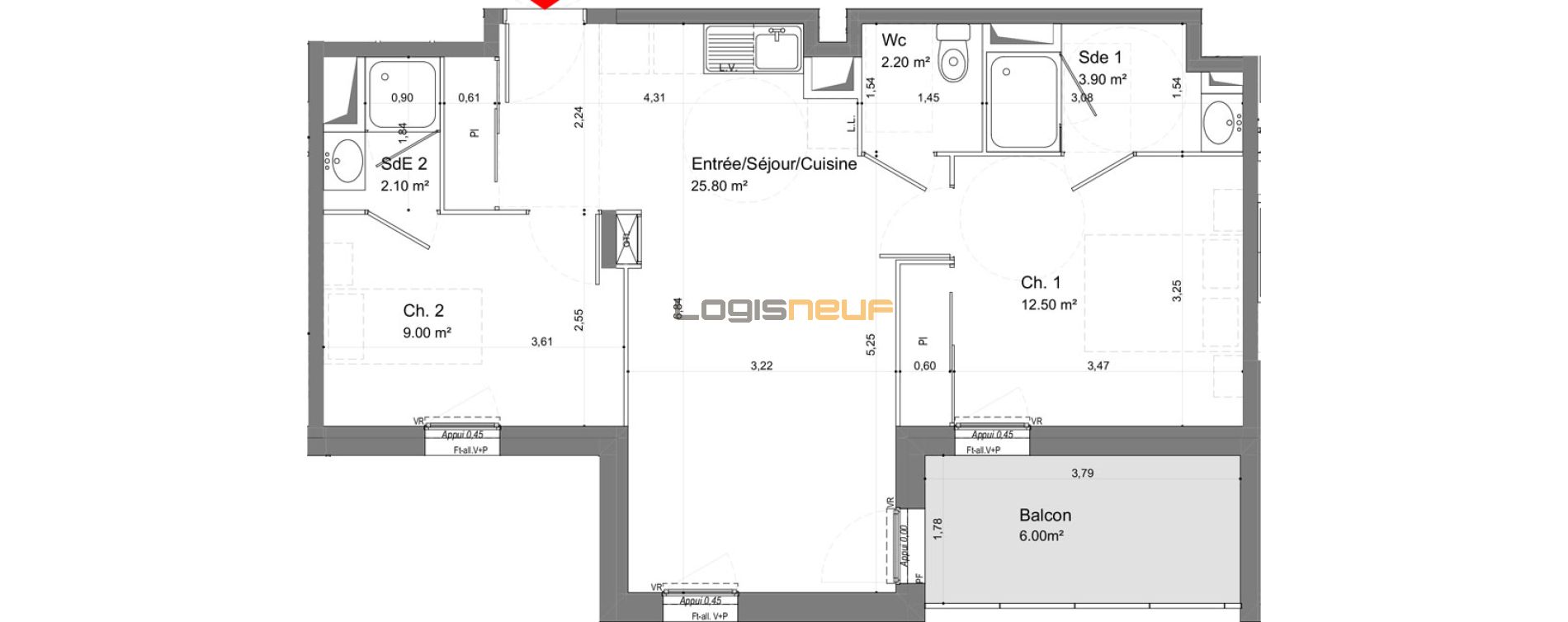 Plan appartement T3 de 55,50 m² neuf, résidence « Domaine de Suède » à ...