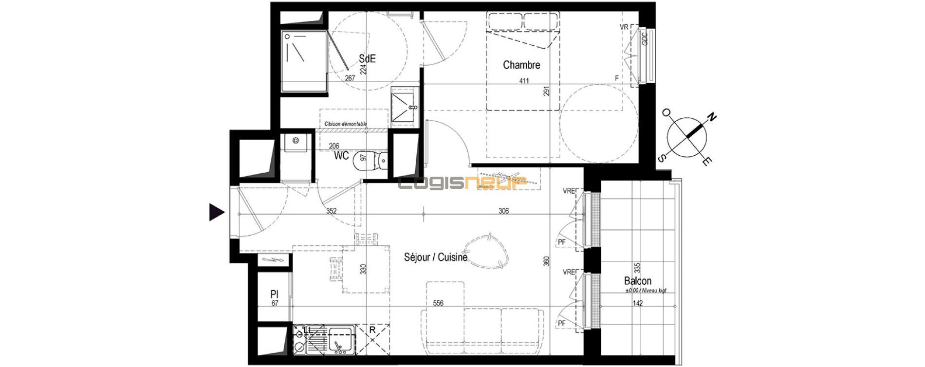 Appartement T2 de 40.60m2 2ème étage NE Wood Tours ref 416