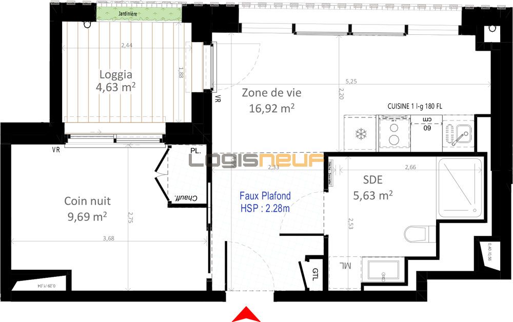 Plan appartement T1 de 32,24 m² neuf, résidence « Caliza » à Olivet