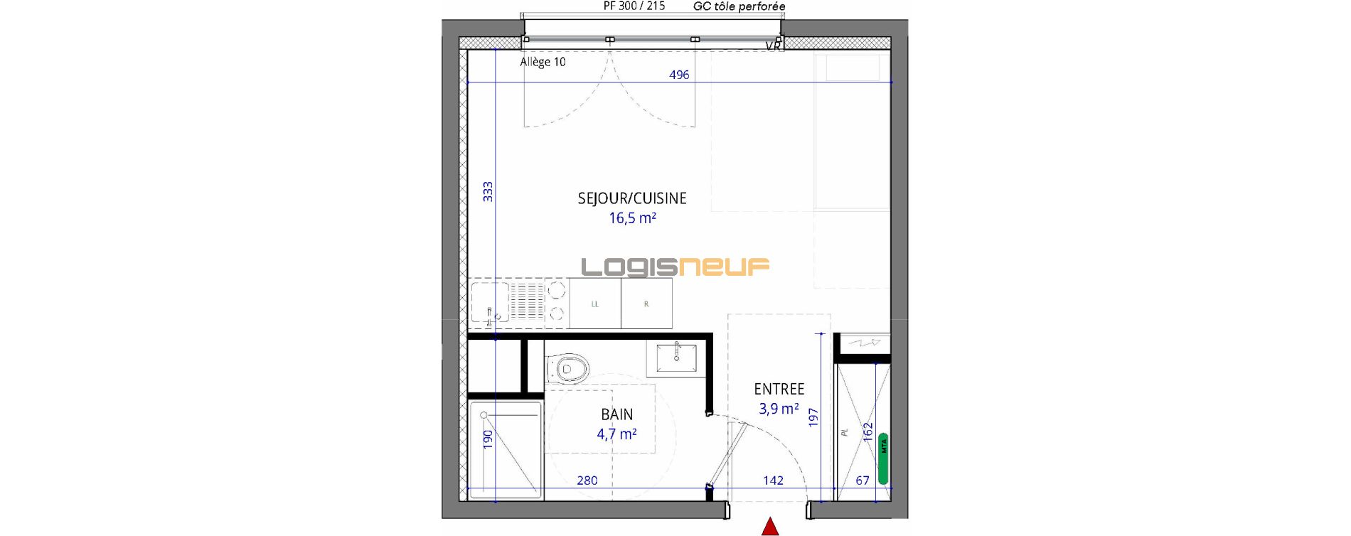 Plan Studio de 25 m² à Metz, résidence « Carré Sablon » n°206