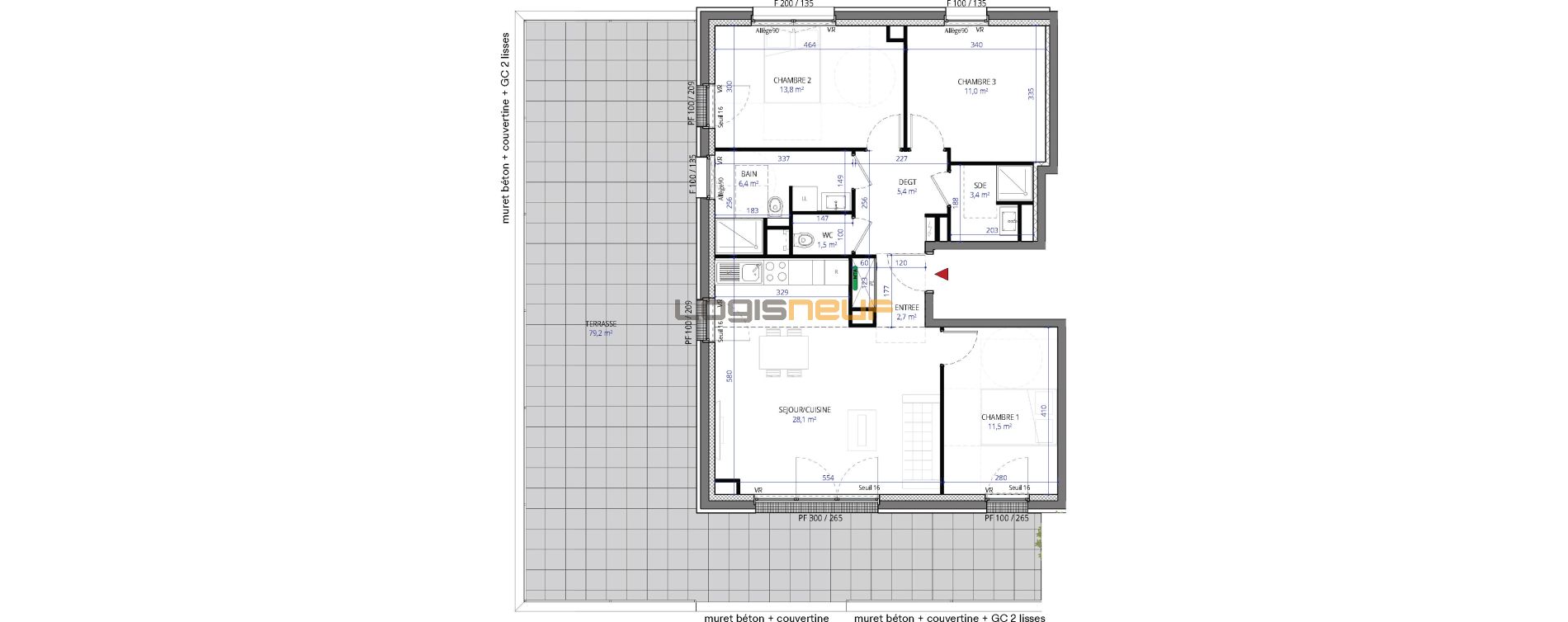 Plan appartement T4 de 84 m² à Metz, résidence « Carré Sablon » n°235