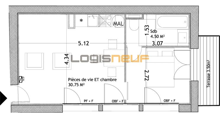 Plan appartement T1 bis de 35,25 m² neuf, résidence « Le 170 VH » à Lille
