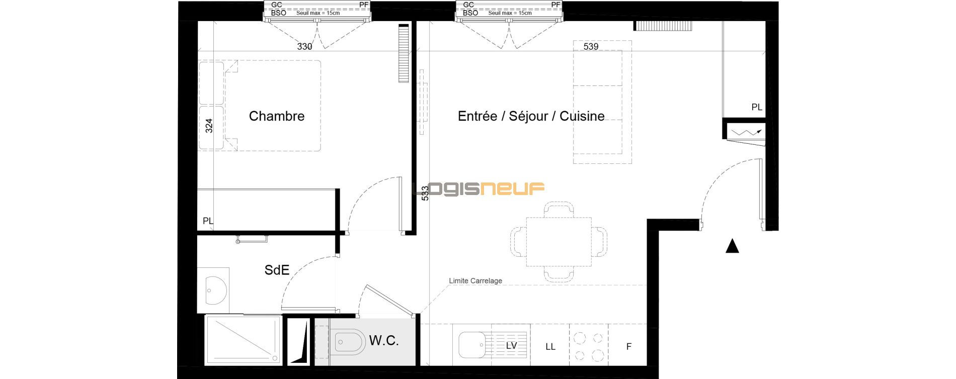 Plan appartement T2 de 41 m² à Paris, résidence « 8Bis » n°258