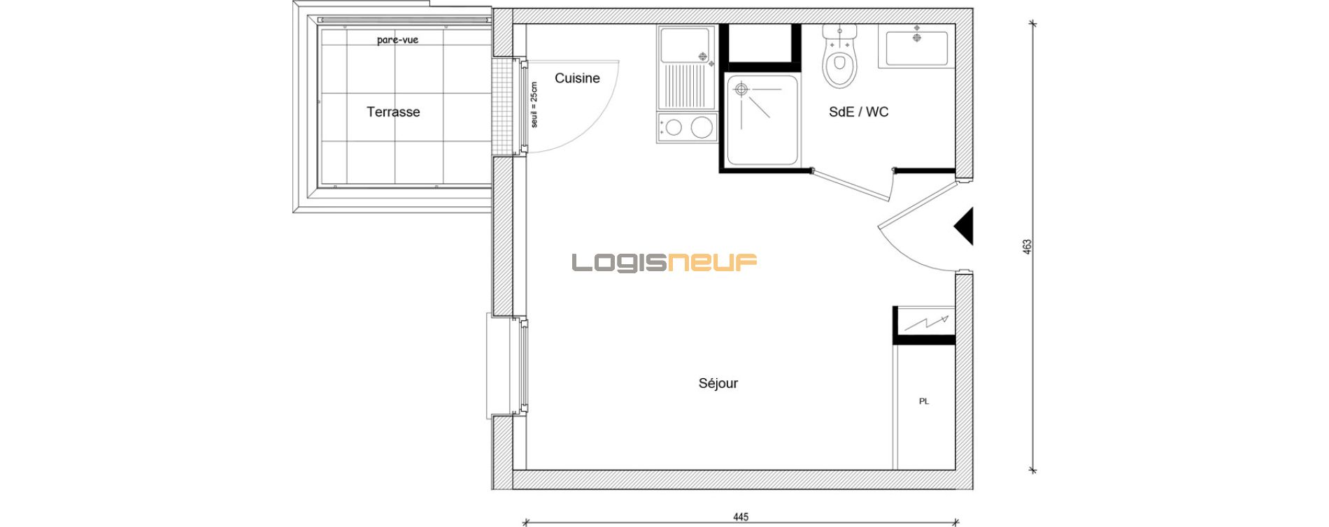 Plan appartement T1 de 20 m² à Elbeuf, résidence « Jardins Notre Dame ...