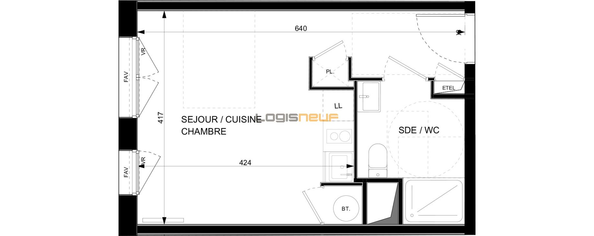 Plan appartement T1 de 25 m² à Bègles, résidence « Résonance » n°684