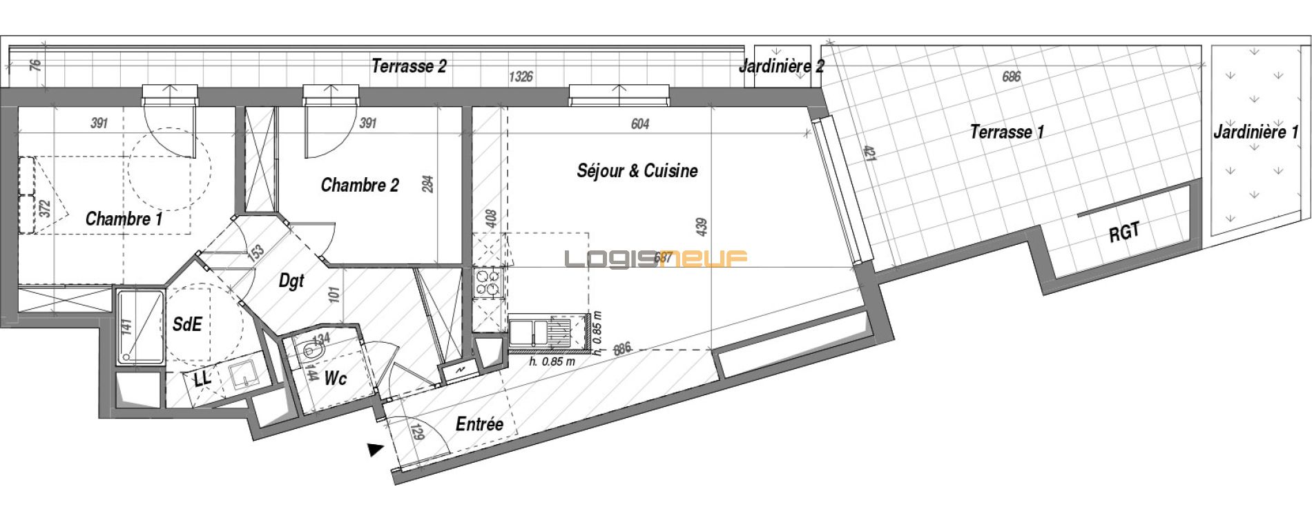 Plan appartement T3 de 72 m² à Lattes, résidence « Hyoko » n°129