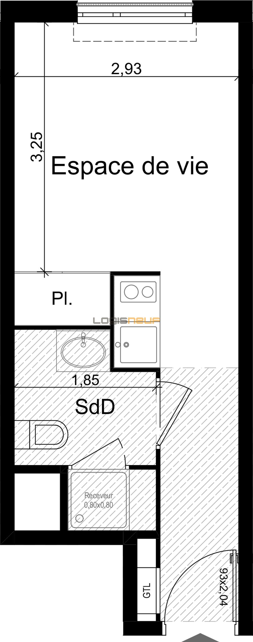 Plan appartement T1 de 19,67 m² neuf, résidence « Campus Delfino » à Nice